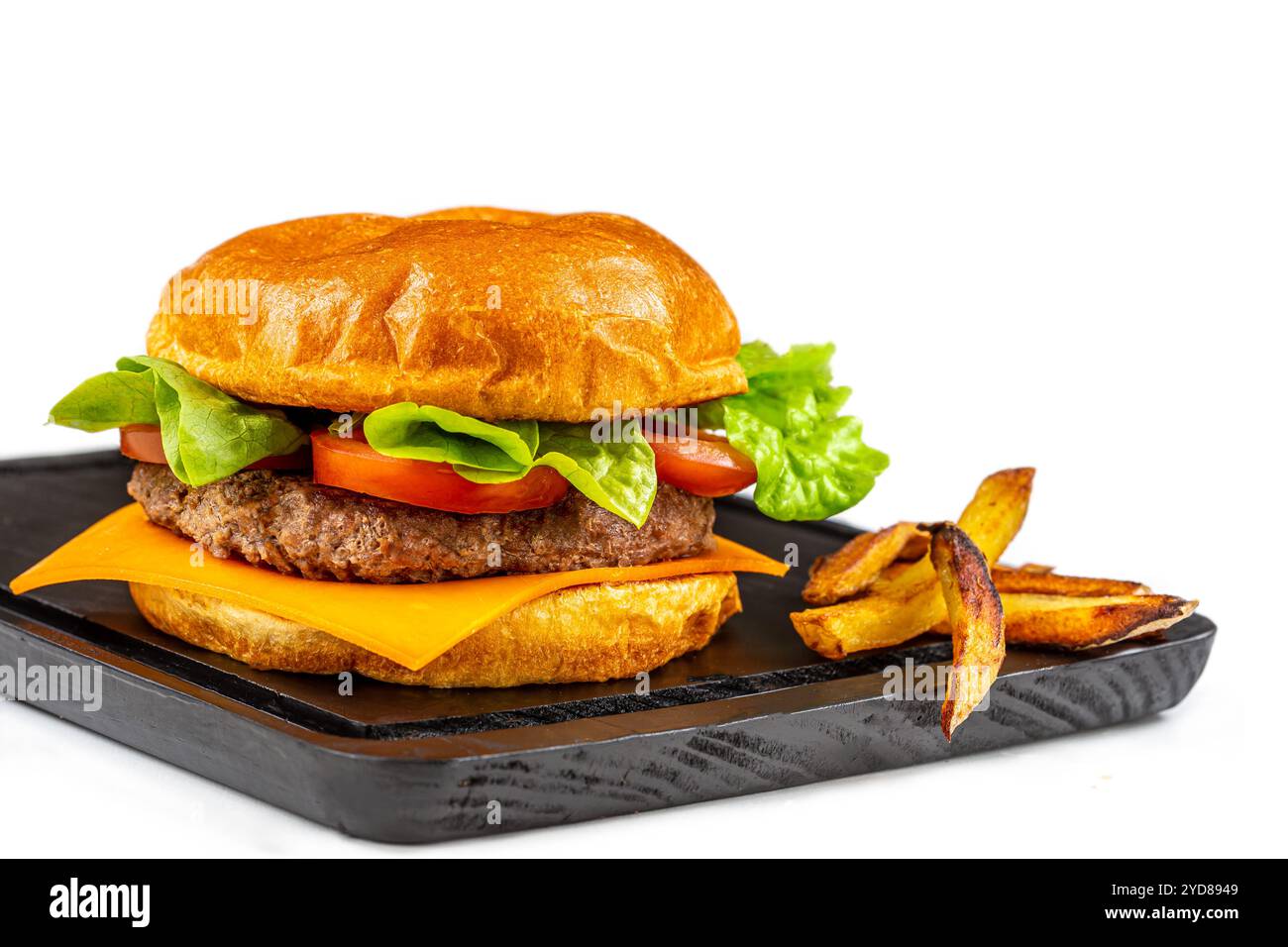 Presentation of a cheeseburger fries on a white background Stock Photo ...