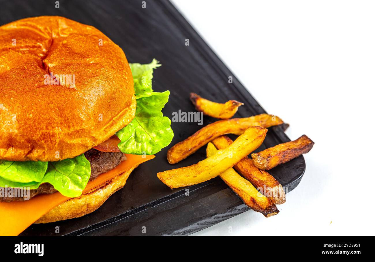 Presentation of a cheeseburger fries on a white background Stock Photo ...