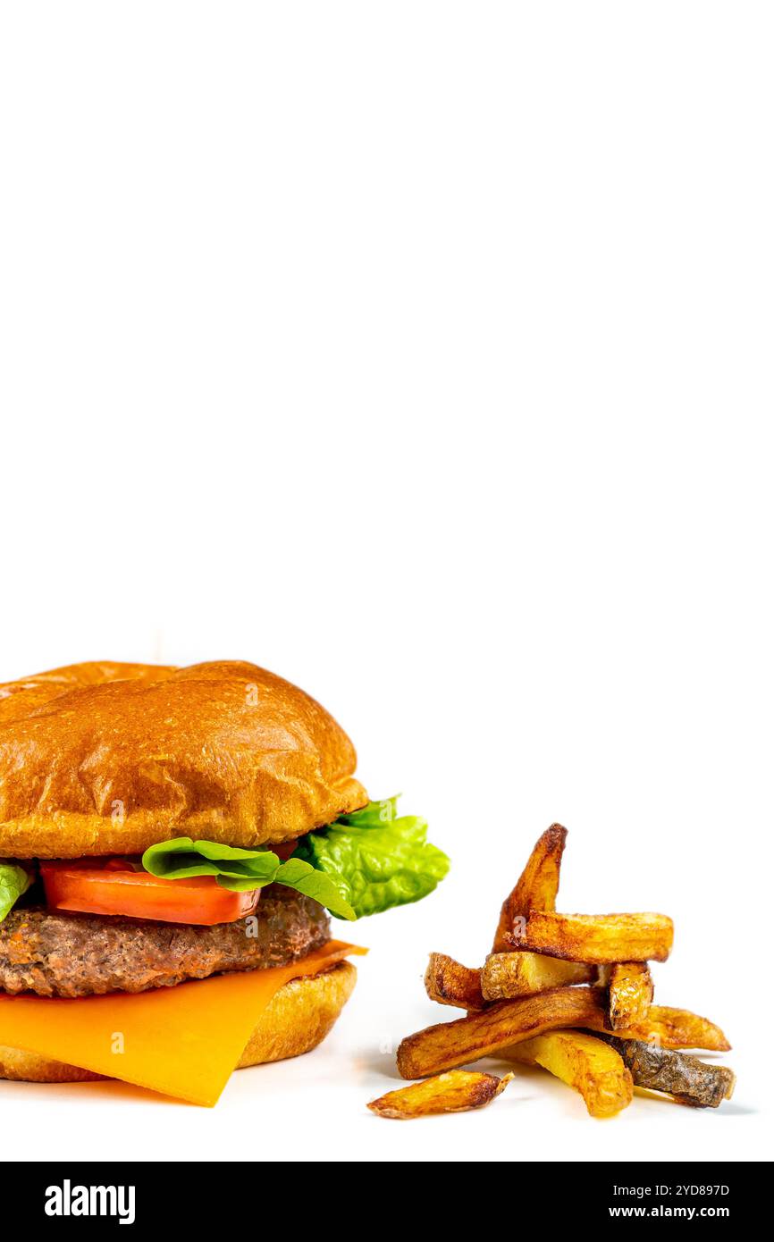 Presentation of a cheeseburger fries on a white background Stock Photo ...