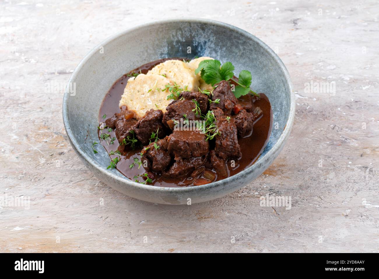 Traditional German braised venison ragout with vegetable and bread ...