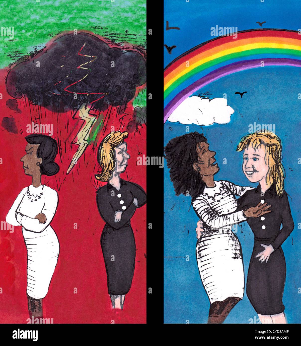 Two women on the left stand back to back with arms individually folded ...