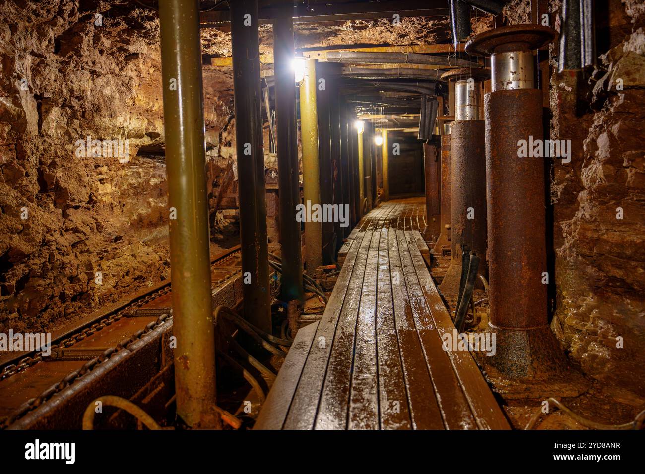Industrial Walkway Through the Mysterious Underground Mine Tunnel Stock ...