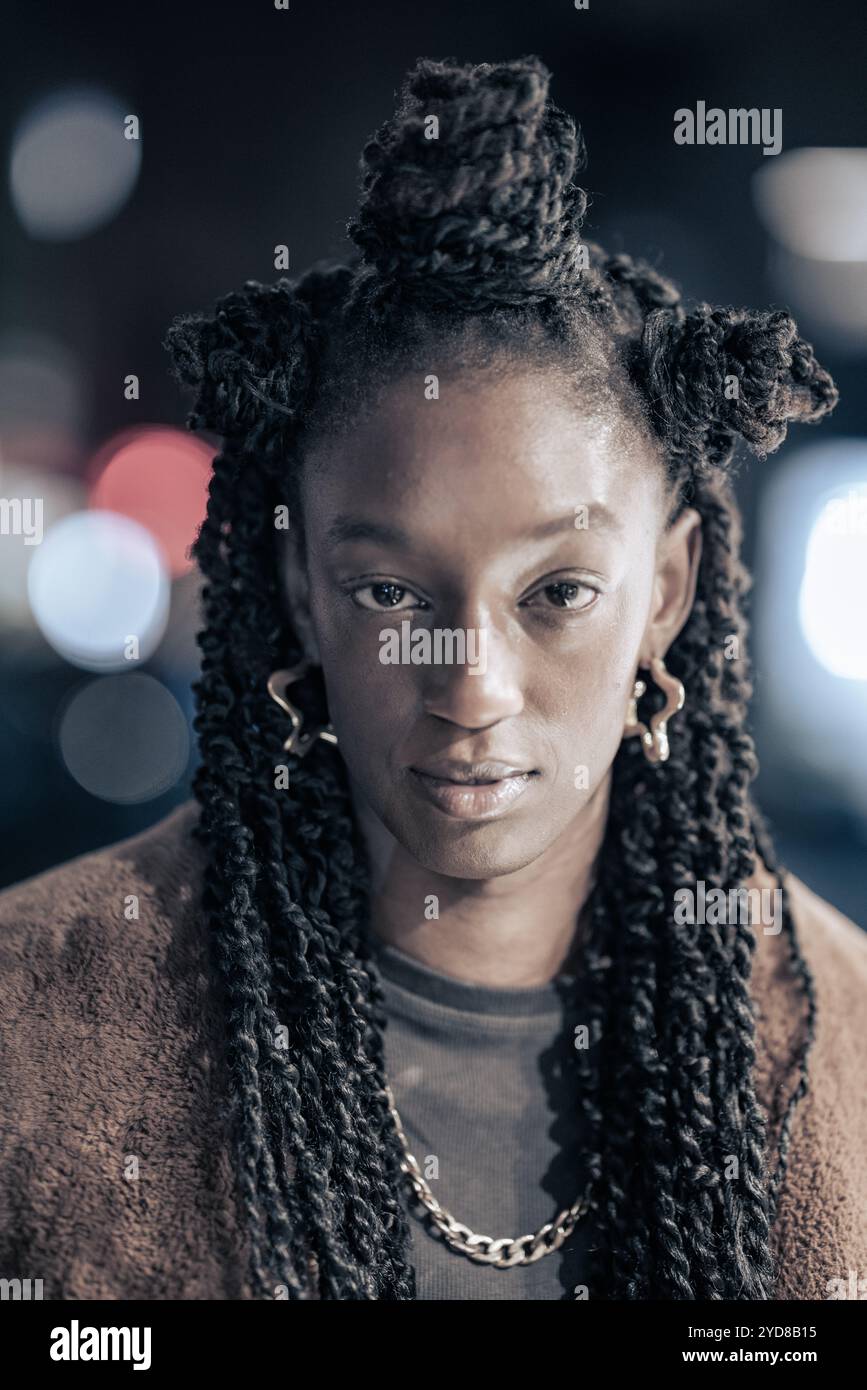 Black female model in Soho at night Stock Photo - Alamy