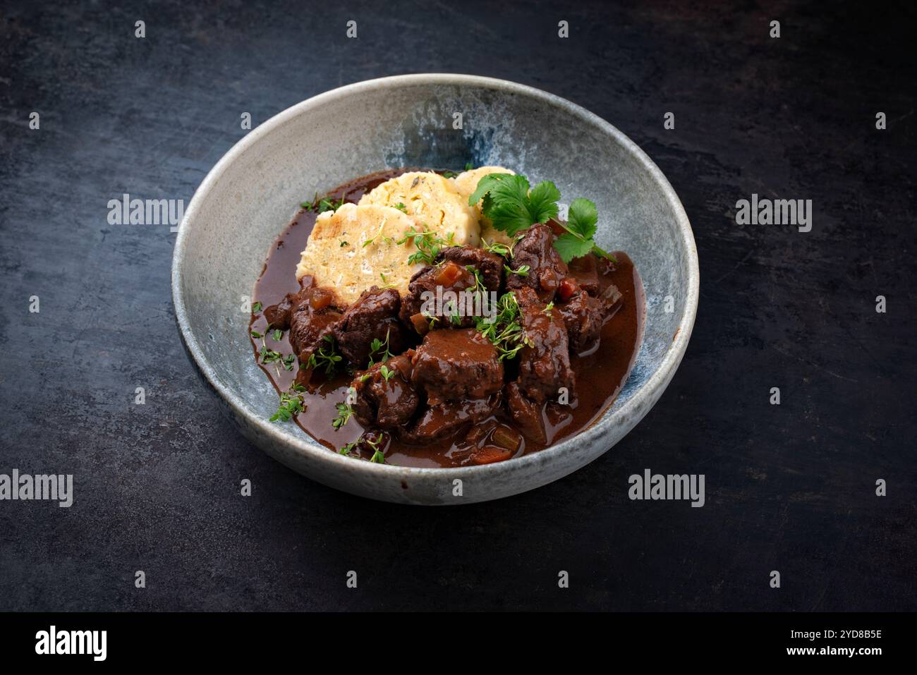 Traditional German braised venison ragout with vegetable and bread ...