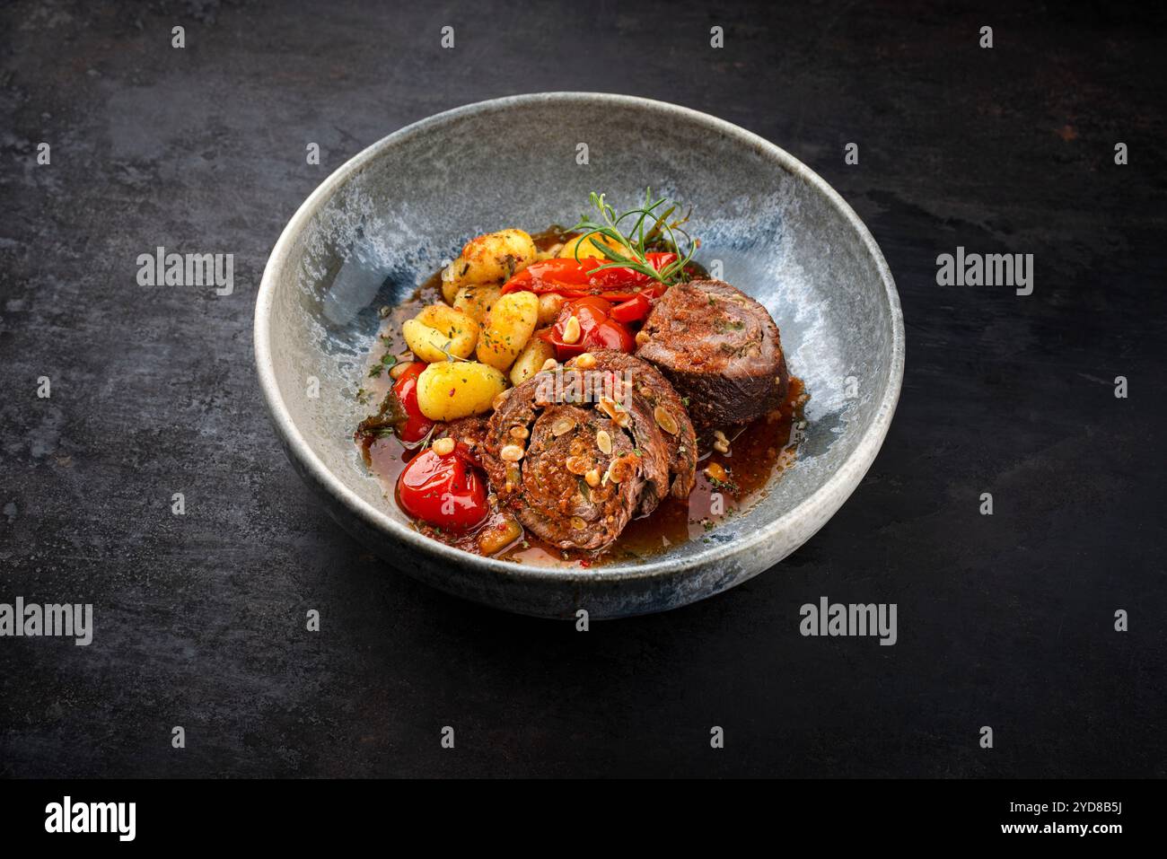 Traditional slow cooked German wagyu beef roulades with vegetable and ...