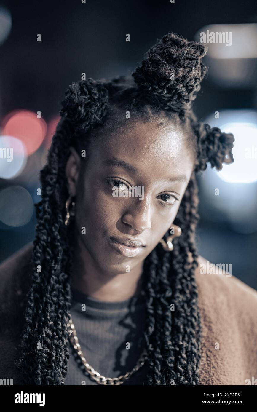 Black female model in Soho at night Stock Photo - Alamy