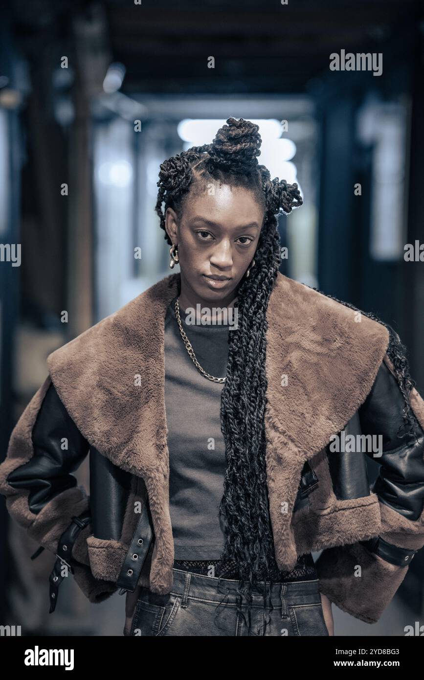Black female model in Soho at night Stock Photo - Alamy