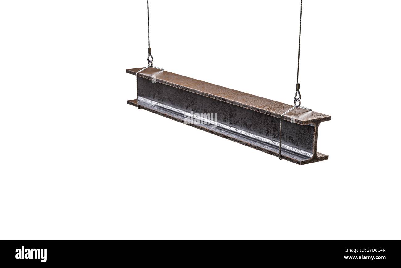 Heavy steel beam suspended by cables isolated transparent backgroun ...