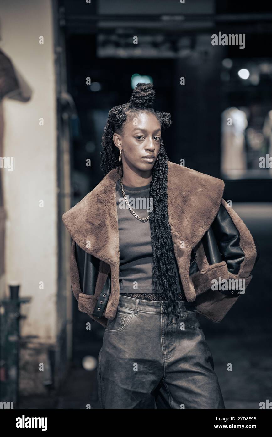 Black female model in Soho at night Stock Photo - Alamy