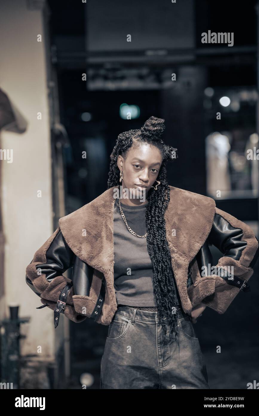 Black female model in Soho at night Stock Photo - Alamy