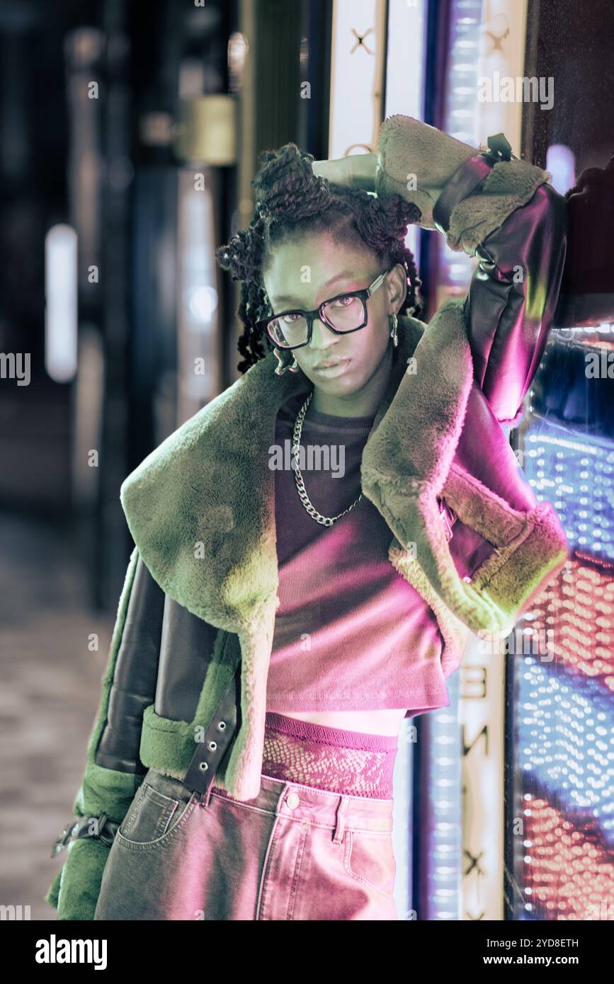 Black female model in Soho at night Stock Photo - Alamy