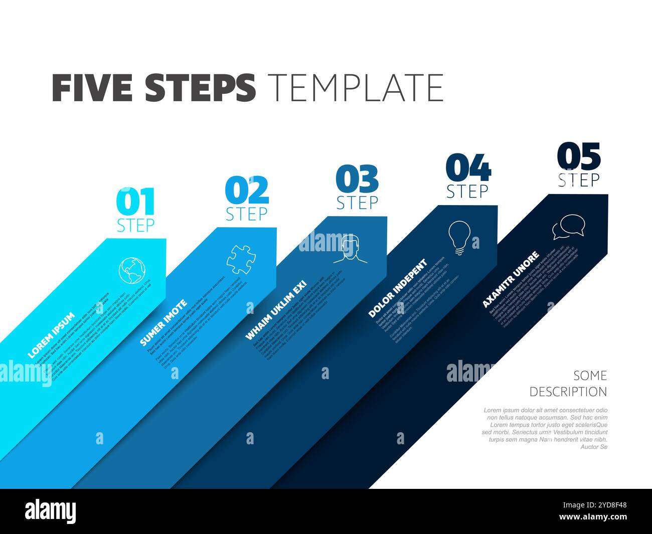 Five steps infographic process template with big diagonal arrows ...