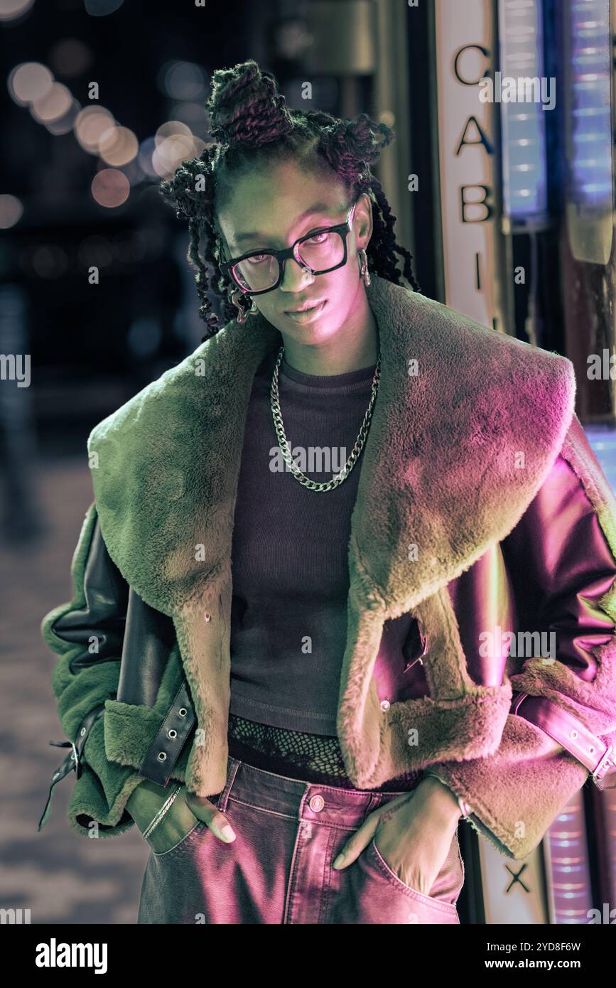 Black female model in Soho at night Stock Photo - Alamy
