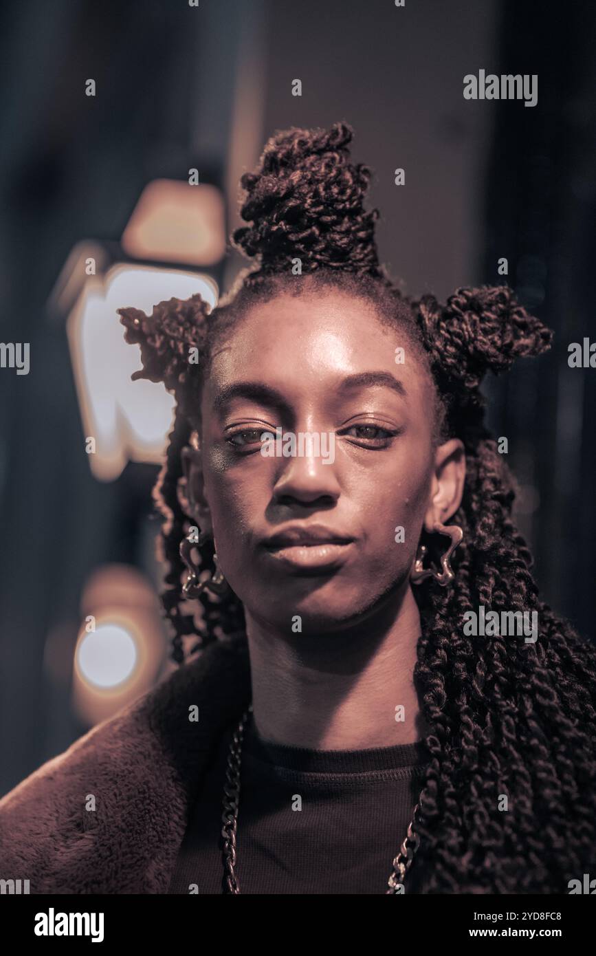 Black female model in Soho at night Stock Photo - Alamy