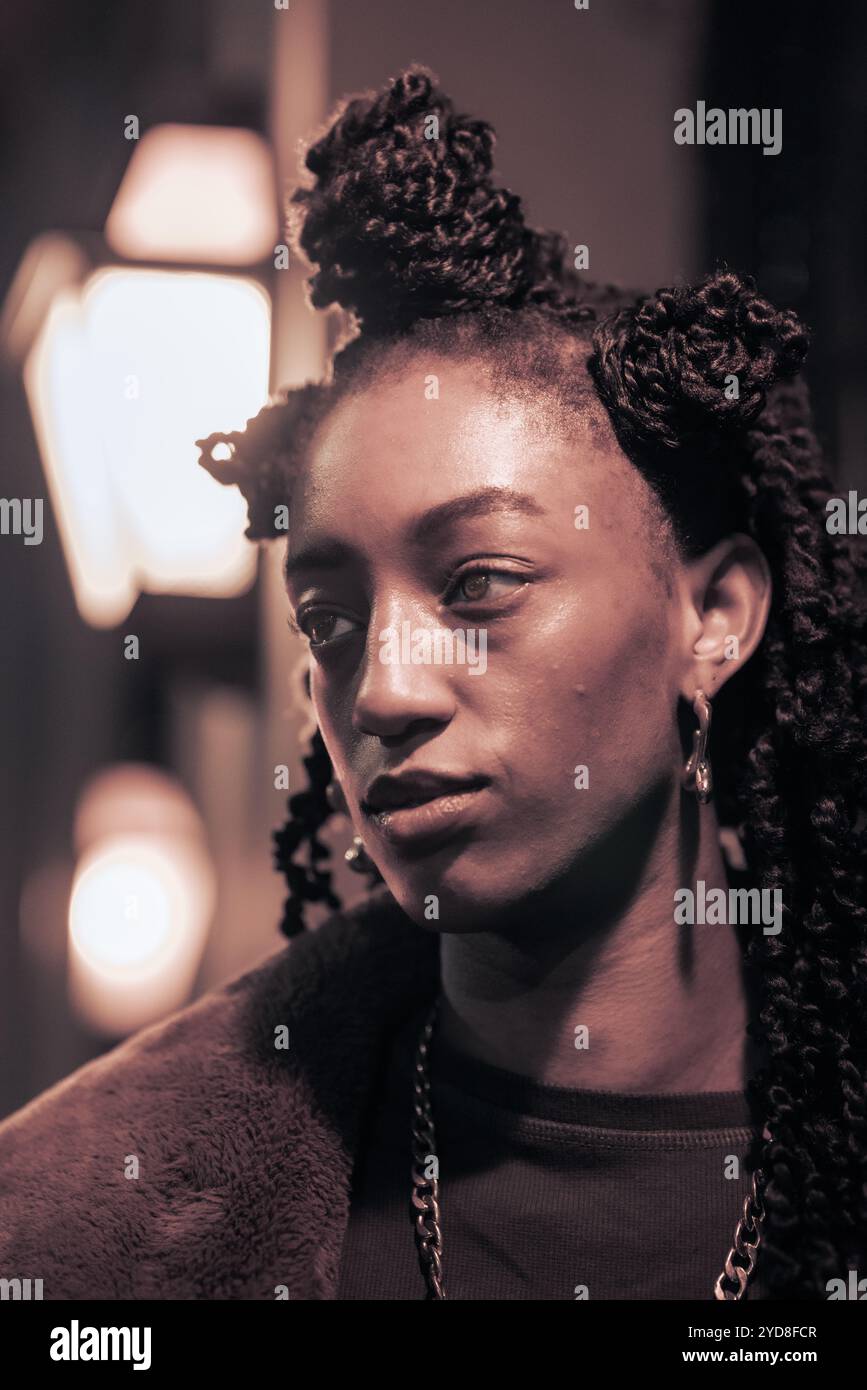 Black female model in Soho at night Stock Photo - Alamy