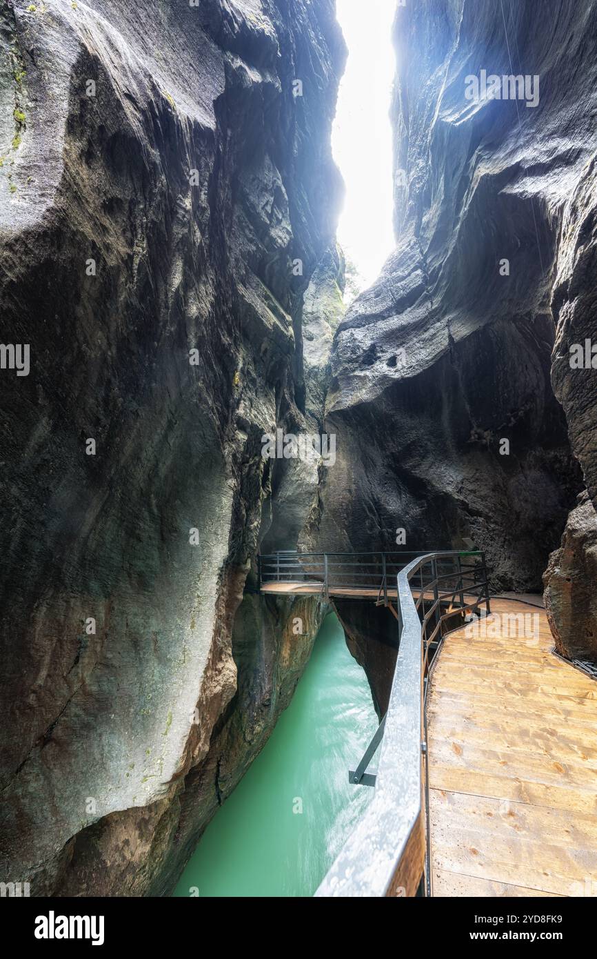 Aare Gorge limestone ridges and formations over the Aare River. Famous ...