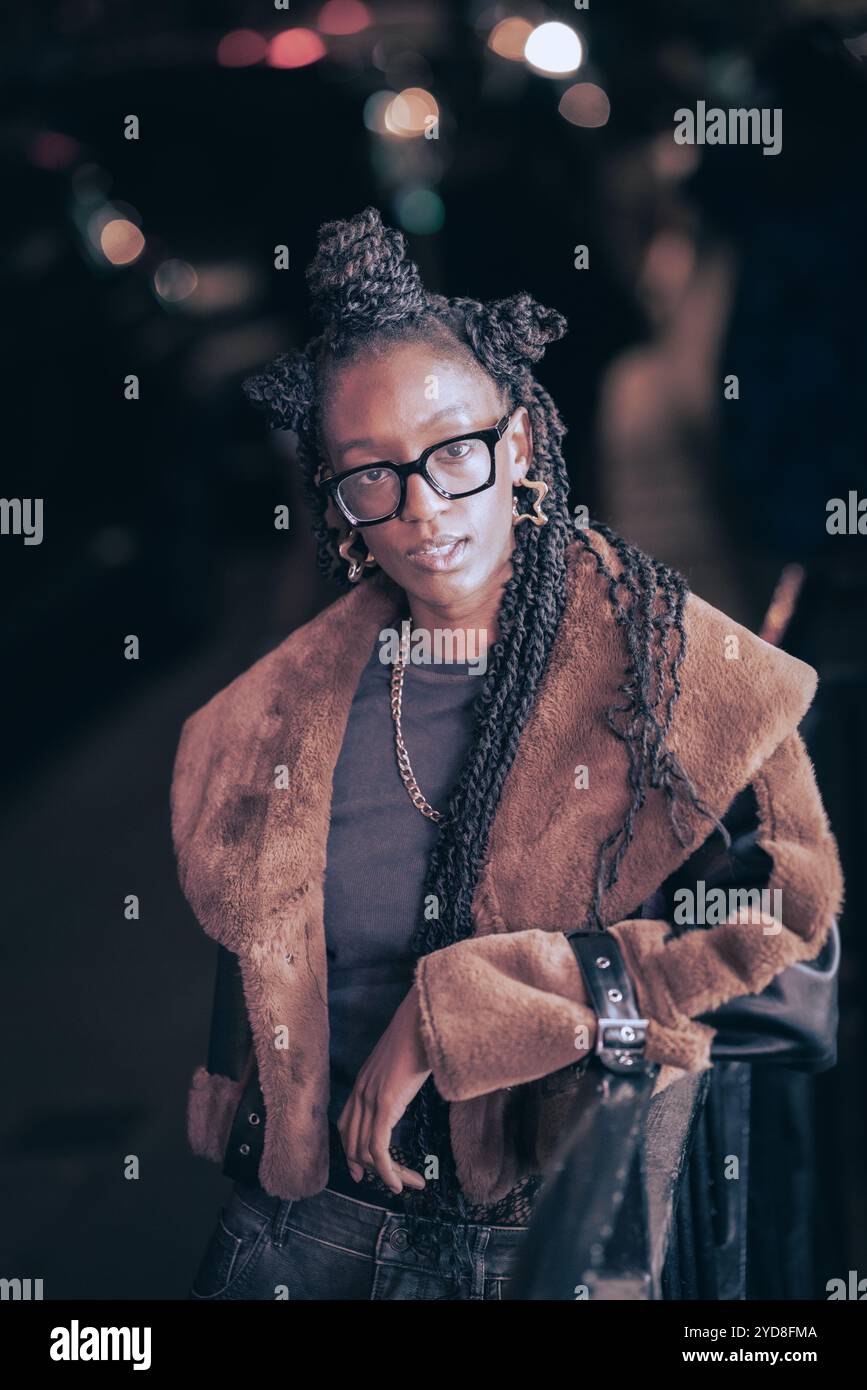Black female model in Soho at night Stock Photo - Alamy