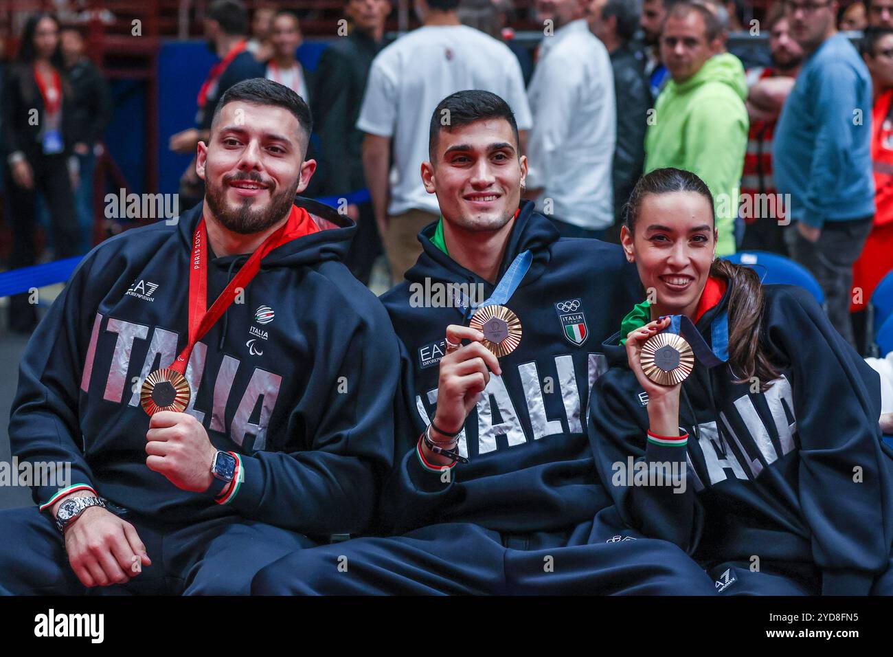 (R-L) Alessia Maurelli, Simone Alessio and Donato Telesca seen showing their medals during the ...