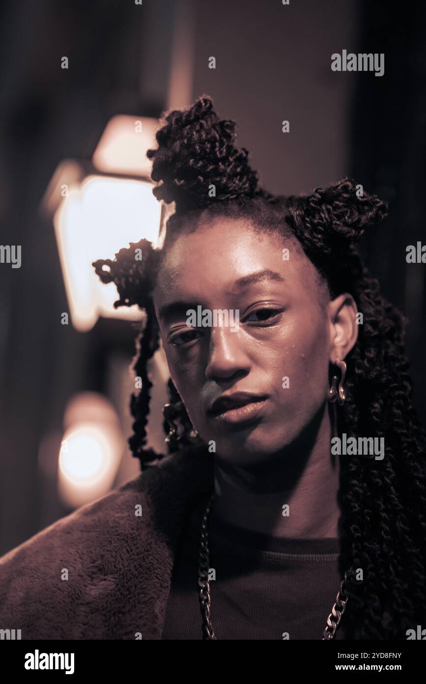 Black female model in Soho at night Stock Photo - Alamy
