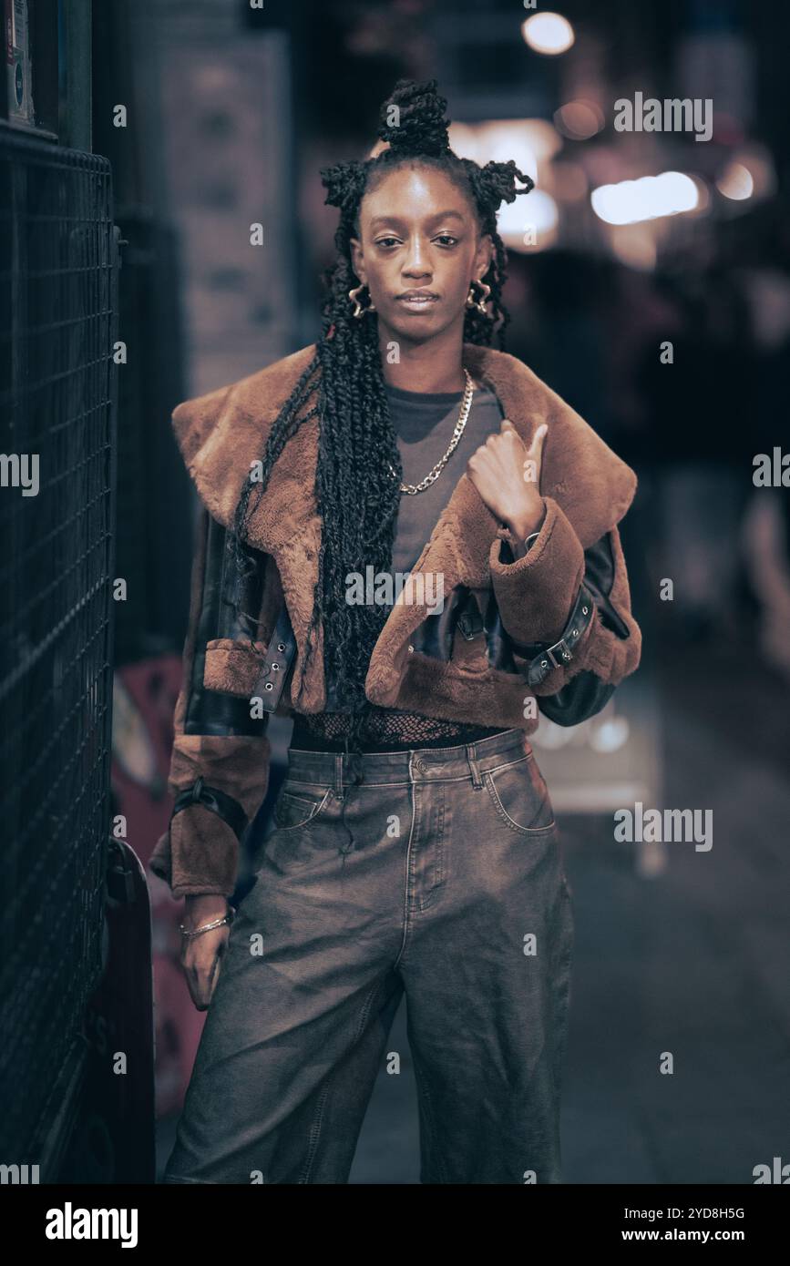 Black female model in Soho at night Stock Photo - Alamy