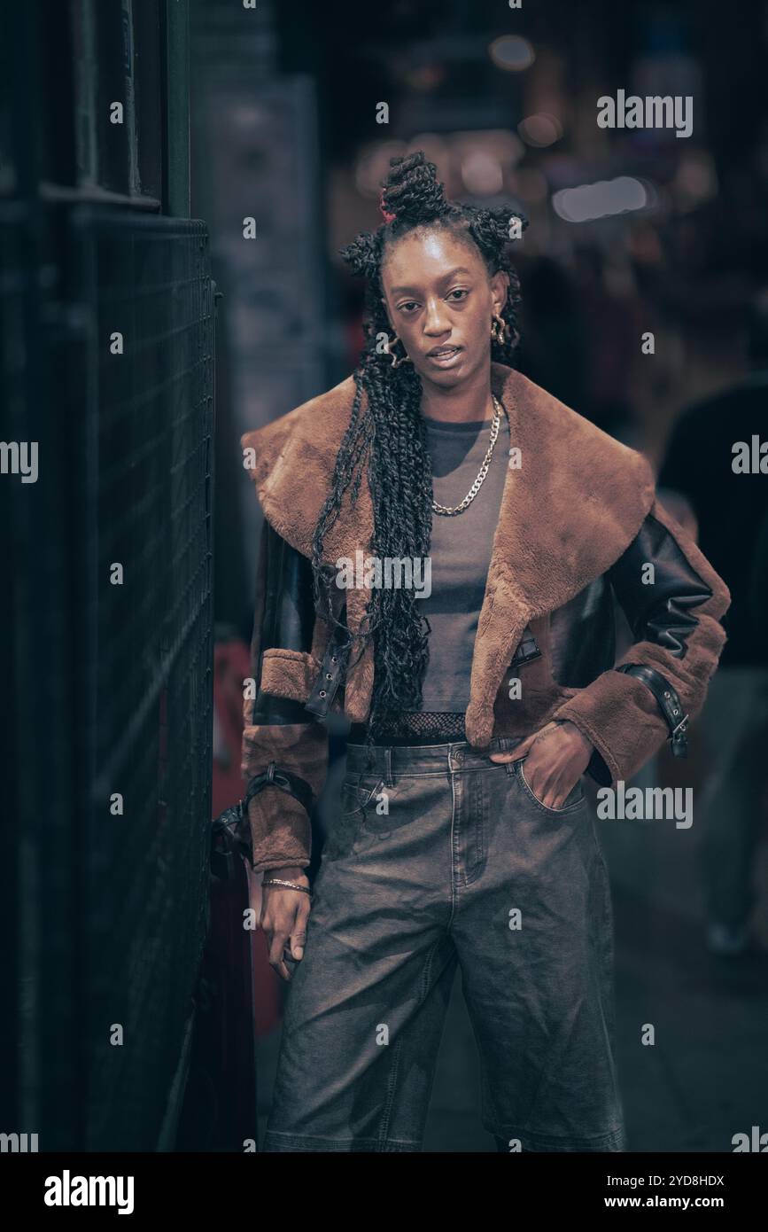 Black female model in Soho at night Stock Photo - Alamy