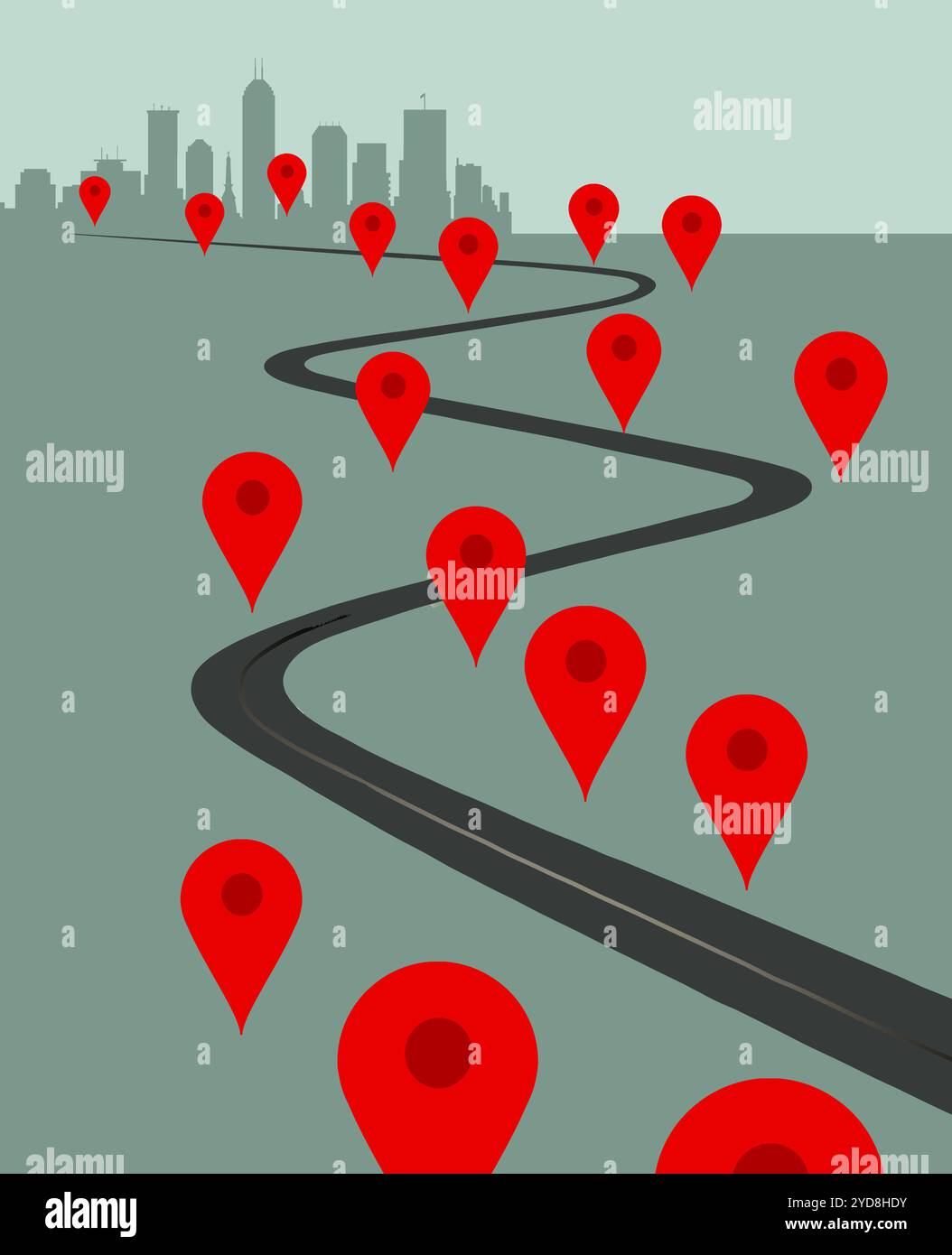 Map pins mark points of interest along a winding road in an ...