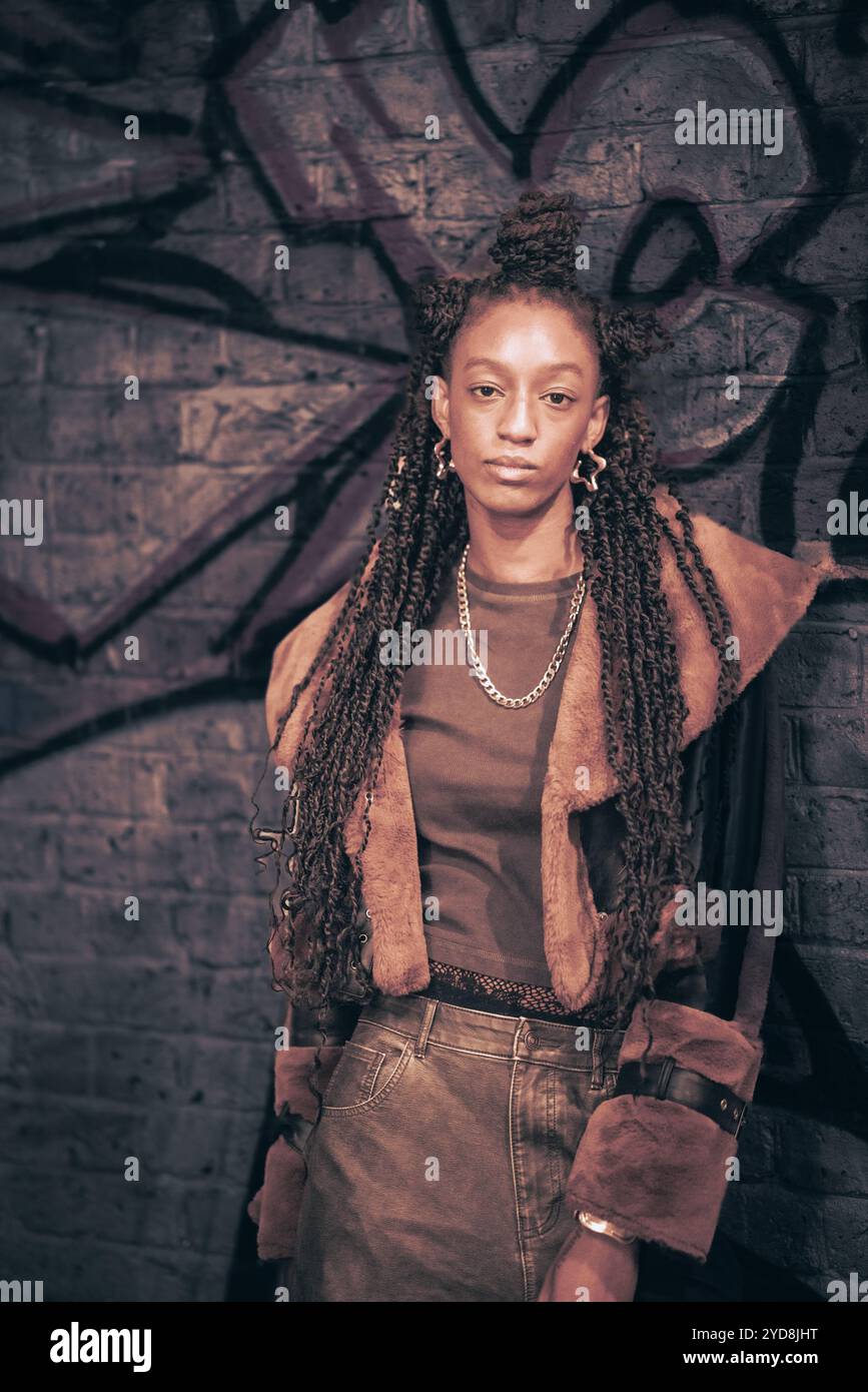 Black female model in Soho at night Stock Photo - Alamy
