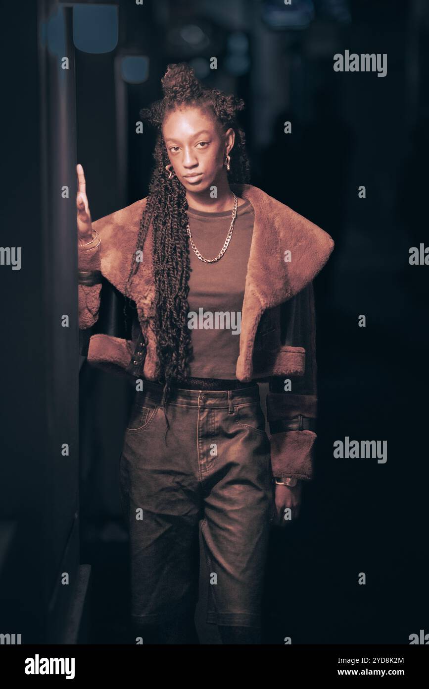 Black female model in Soho at night Stock Photo - Alamy