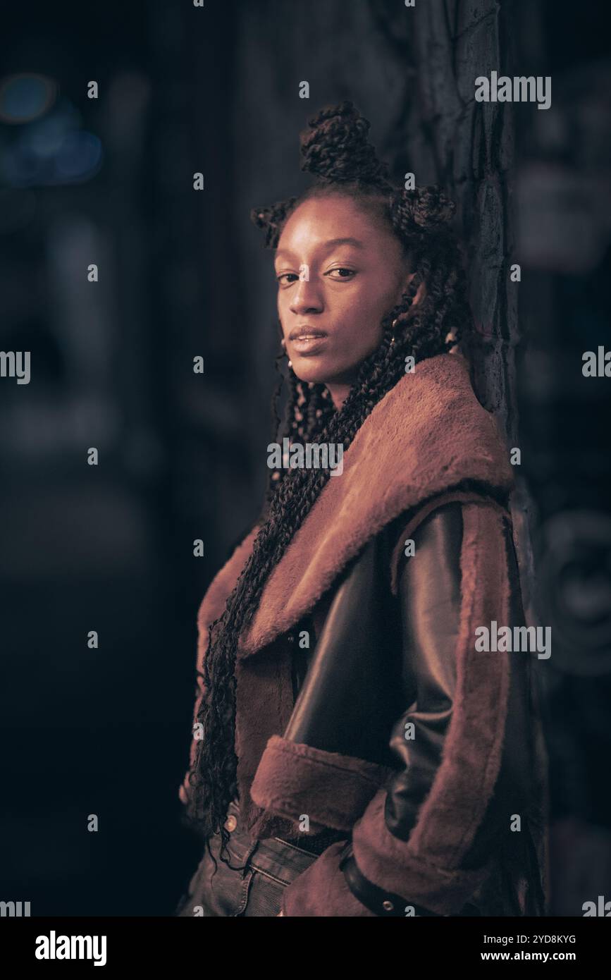 Black female model in Soho at night Stock Photo - Alamy
