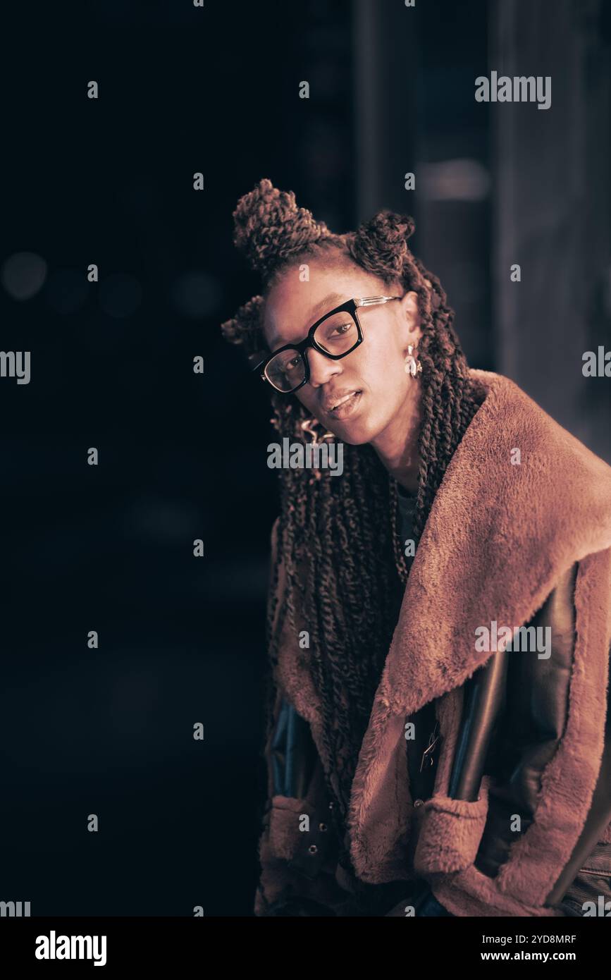 Black female model in Soho at night Stock Photo - Alamy