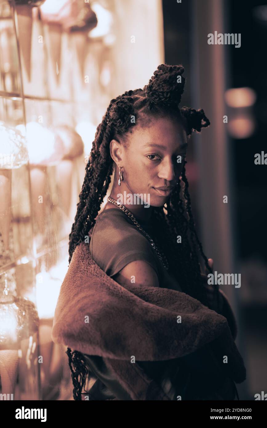 Black female model in Soho at night Stock Photo - Alamy