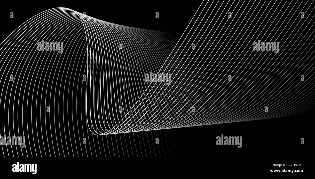 Abstract black and white lines forming a wave pattern against a dark ...