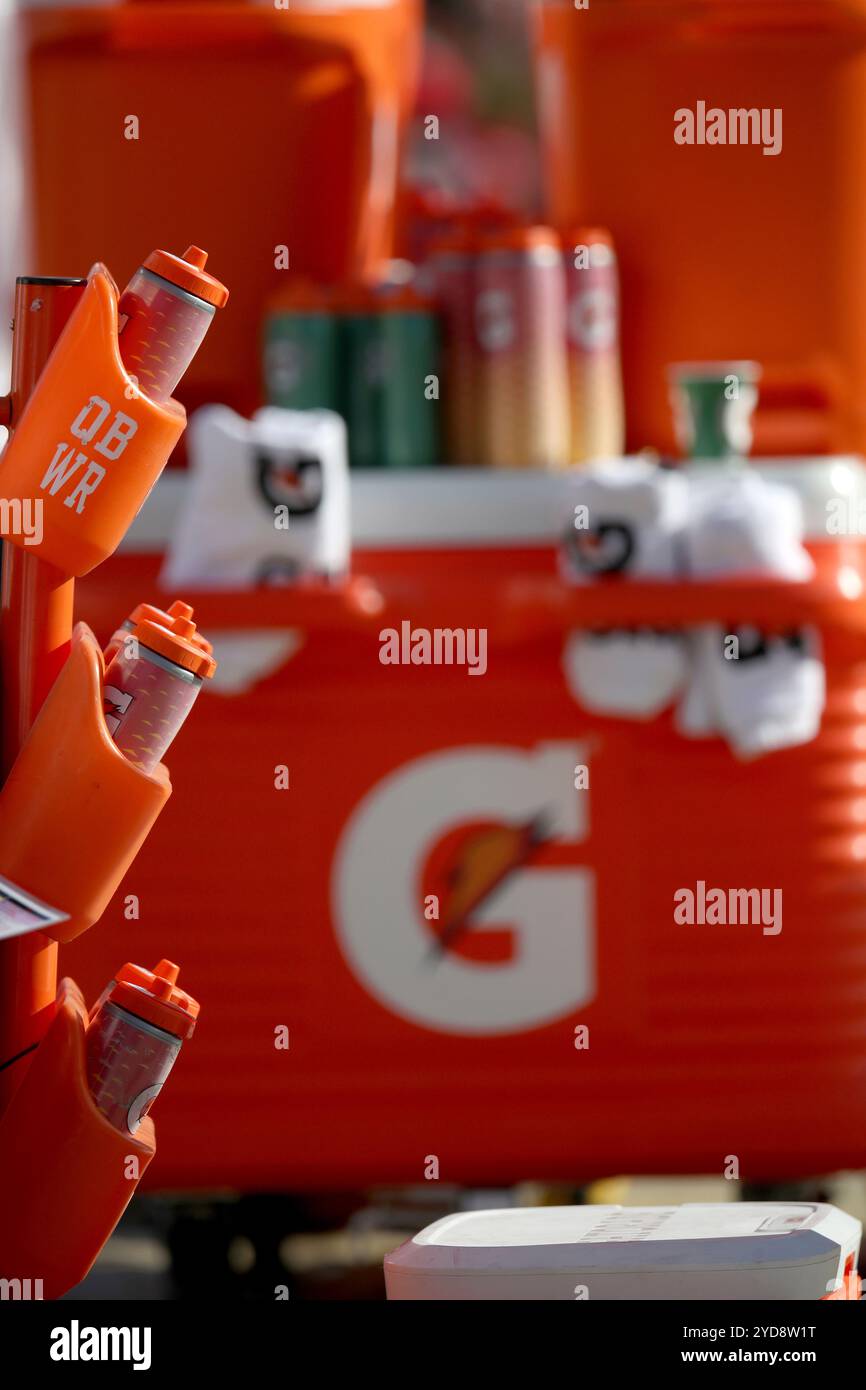 Gatorade bottles sit on the sideline during an NFL football game ...