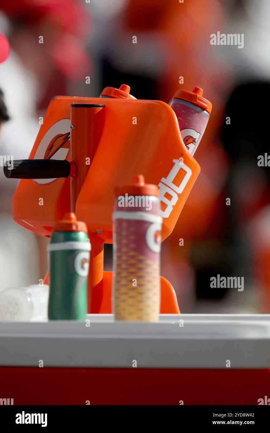 Gatorade bottles sit on the sideline during an NFL football game ...