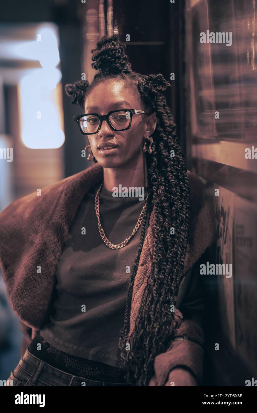Black female model in Soho at night Stock Photo - Alamy