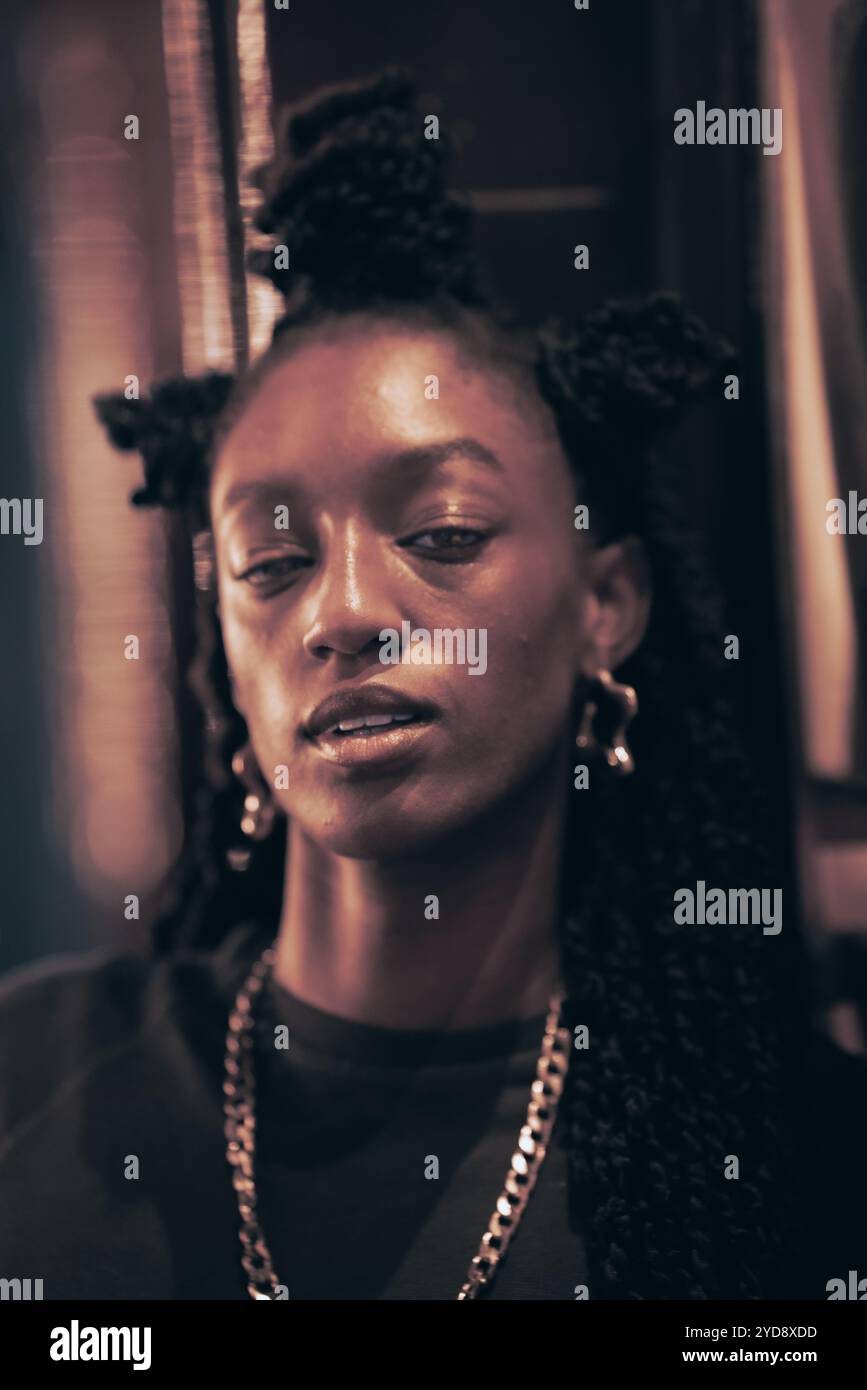 Black female model in Soho at night Stock Photo - Alamy