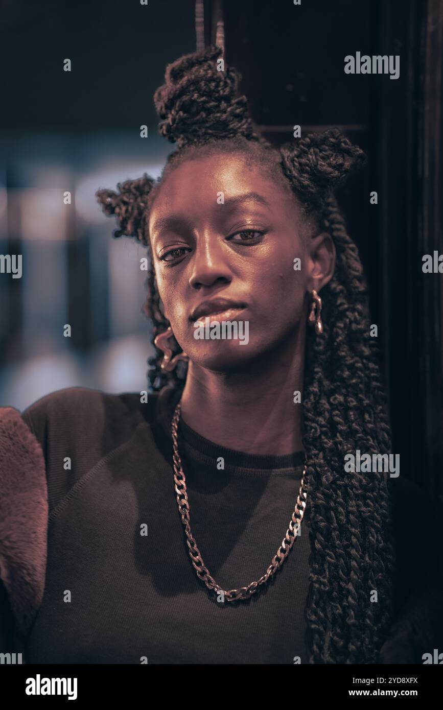 Black female model in Soho at night Stock Photo - Alamy