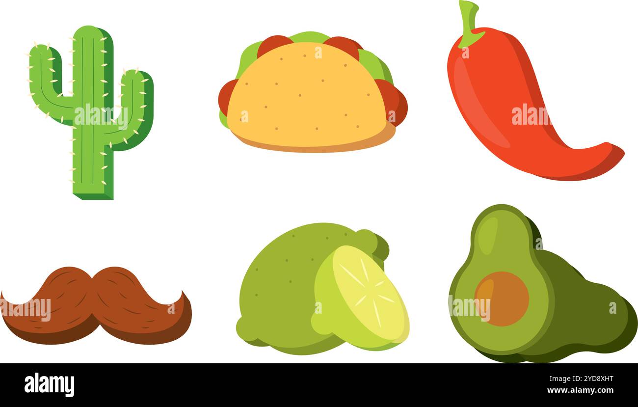 Avocado, lime, taco, and cactus colorful Mexican icons, Vector Stock ...