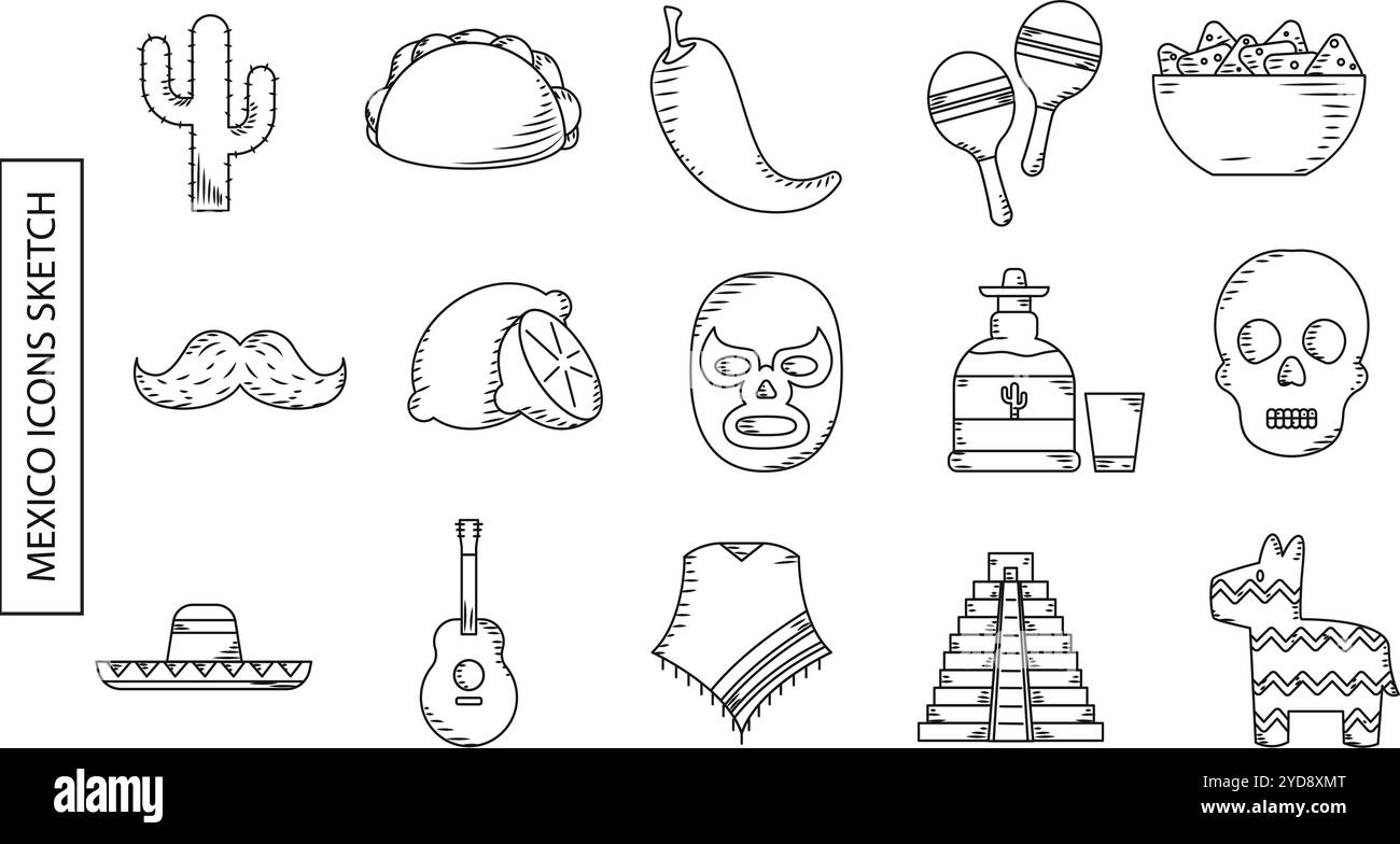 Hand-drawn Mexican symbols like taco, maracas, and pyramid, Vector ...