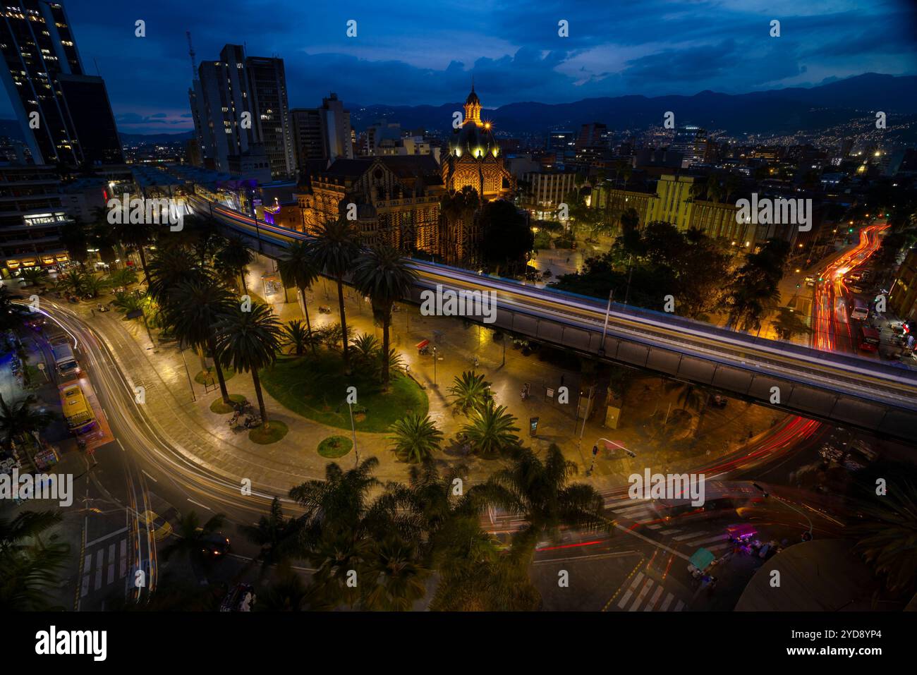 View of Plaza Botero and the famous metro system at night, Medellin ...