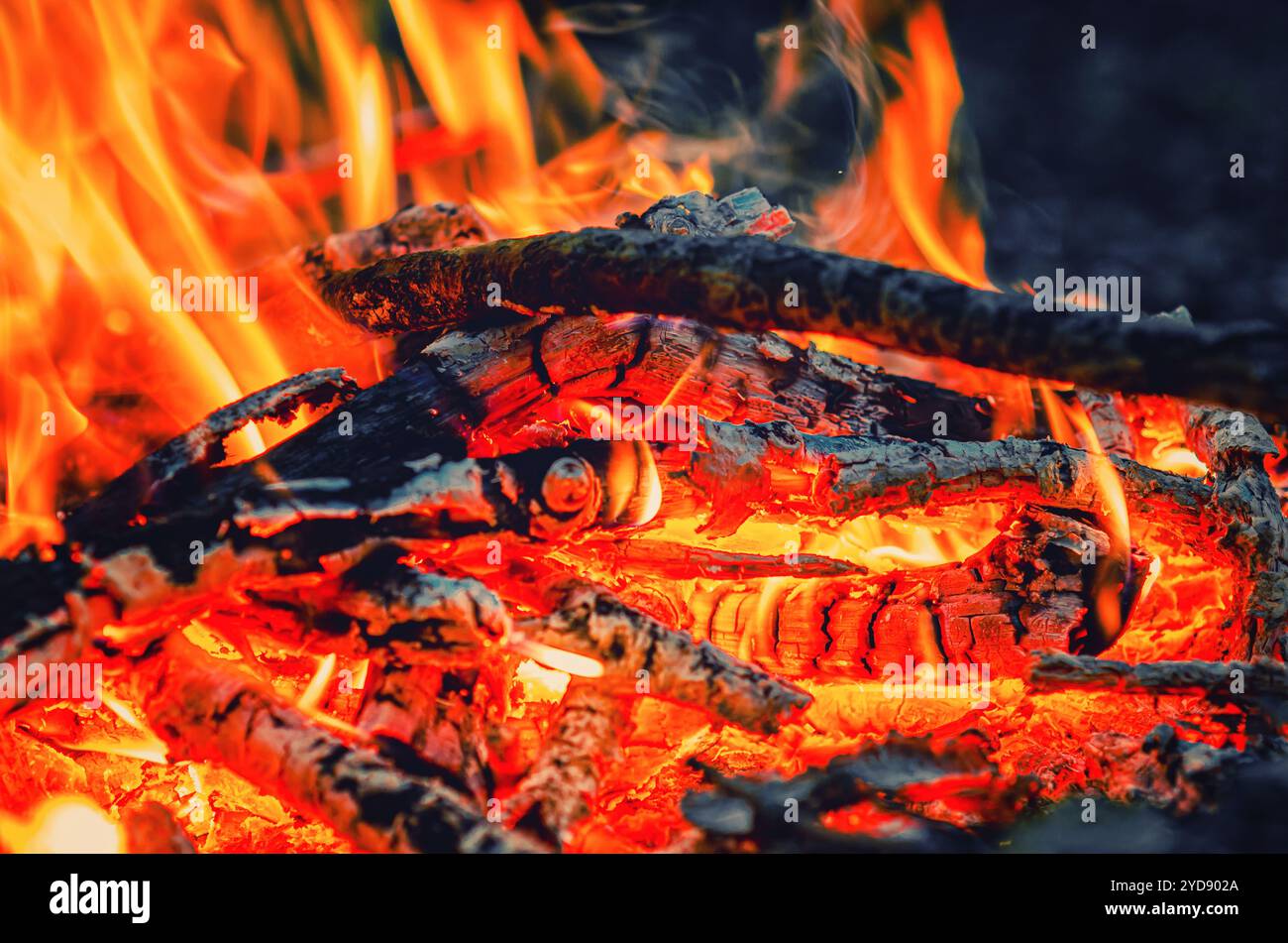 Small fire in the forest at night. Igniting the plow in the forest ...