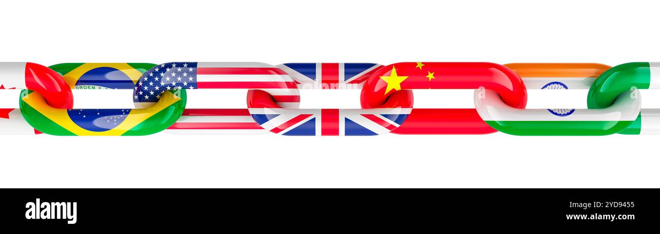 Chain from flags, international relationship concept. 3D rendering ...