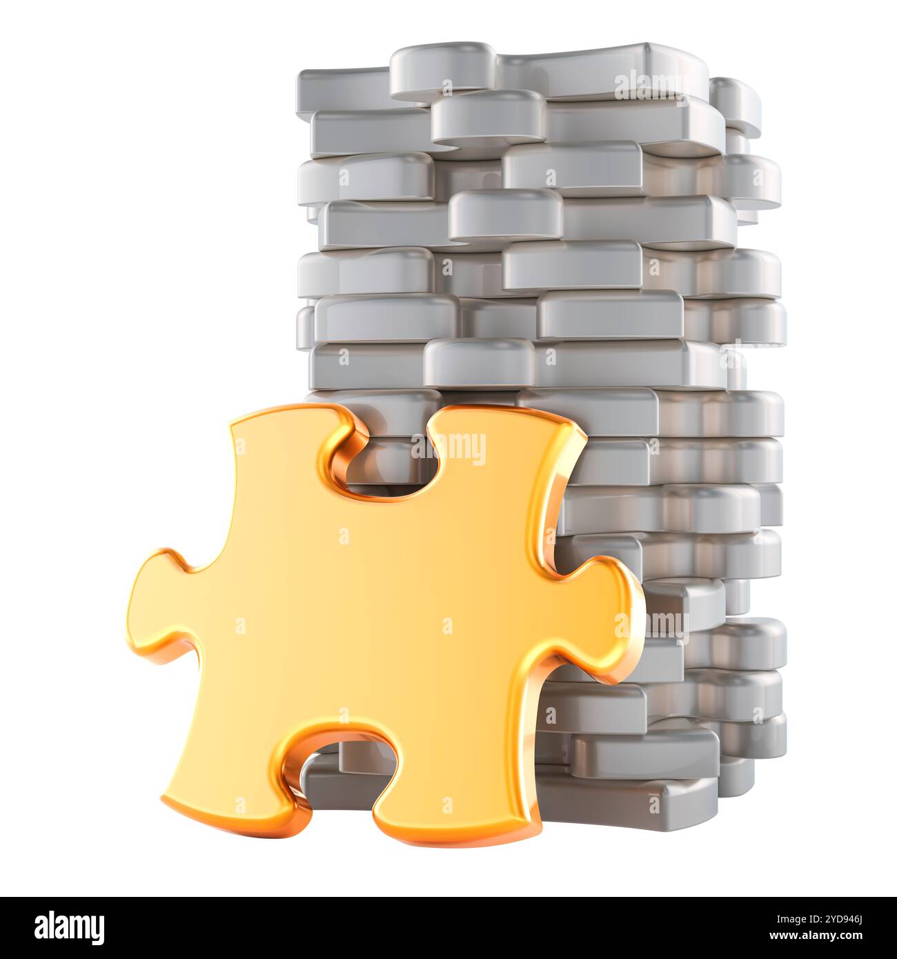 One golden puzzle with stack of silver puzzles, 3D rendering isolated ...