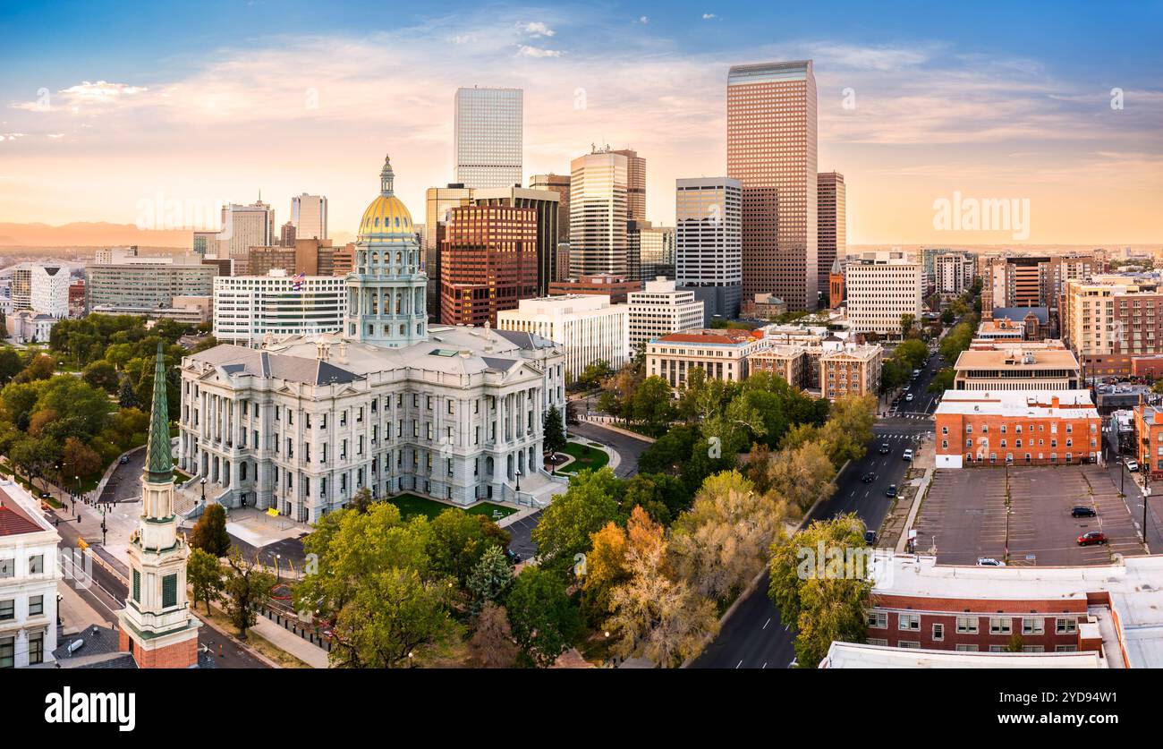 Aerial view of Colorado Capitol and Denver, Colorado skyline at sunset ...