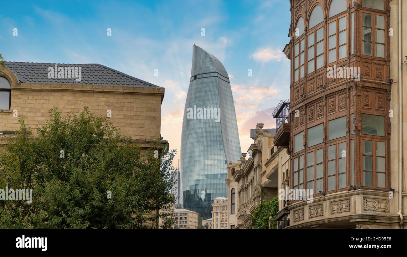 Baku Azerbaijan Flame Towers stand tall against the historic ...