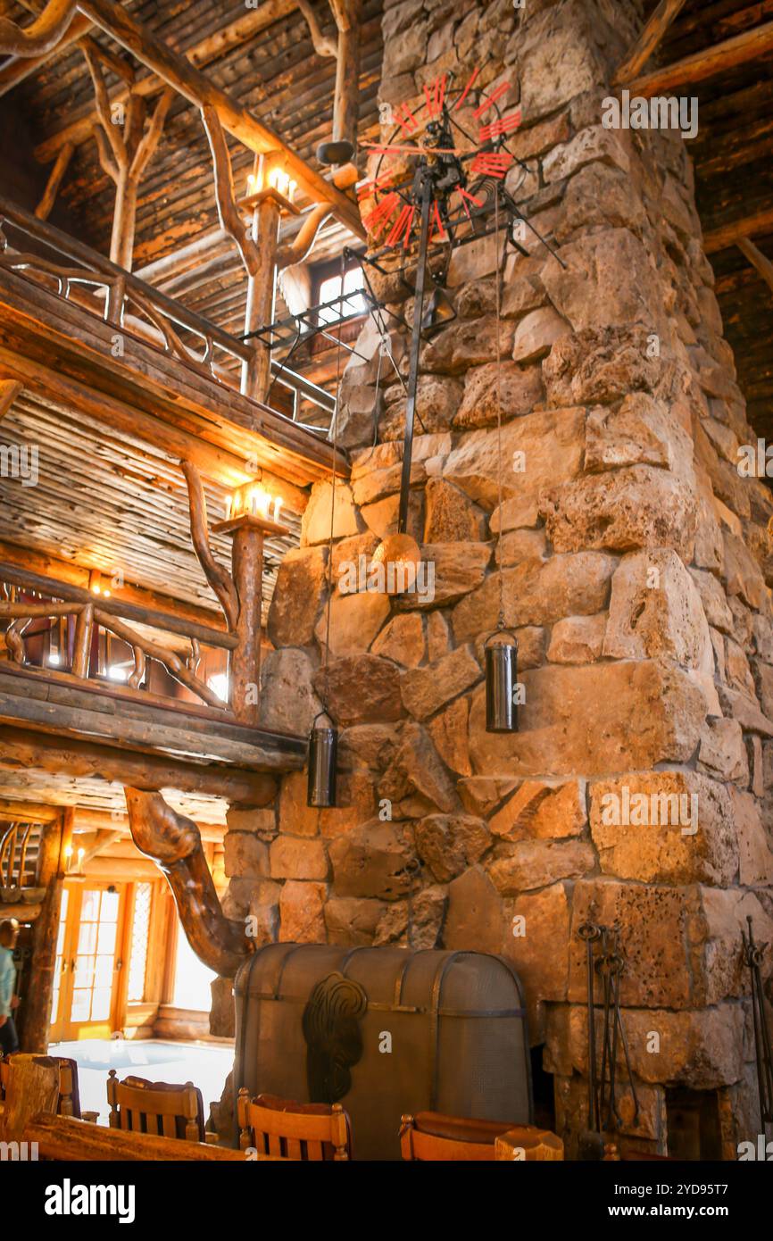 National Landmark Yellowstone Old Faithful Inn Stone Chimney in Lobby ...