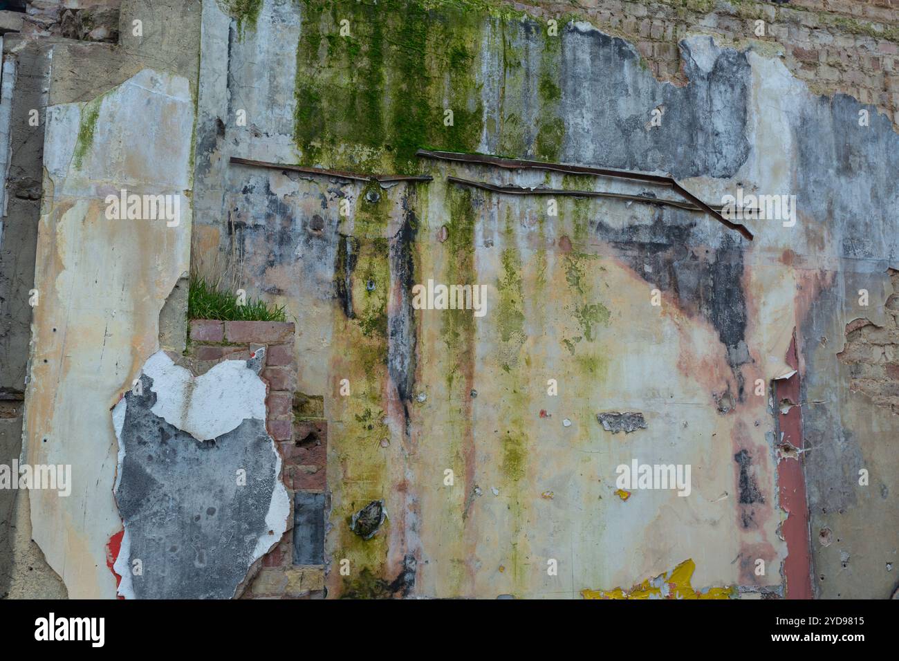 Crumbling remains of one damp, moss-covered walls of an old demolished ...