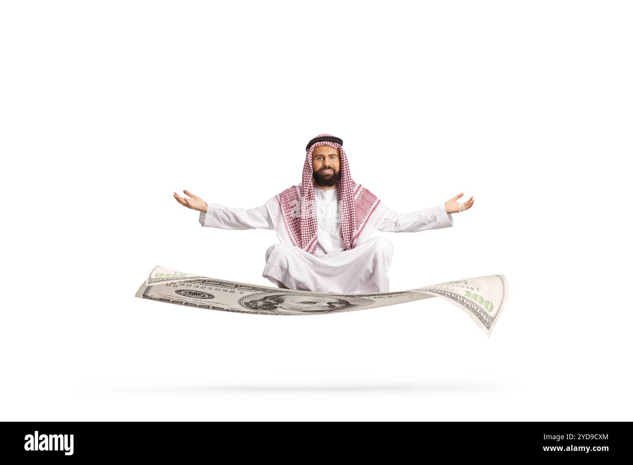 Saudi arab man floating on money isolated on white background Stock ...