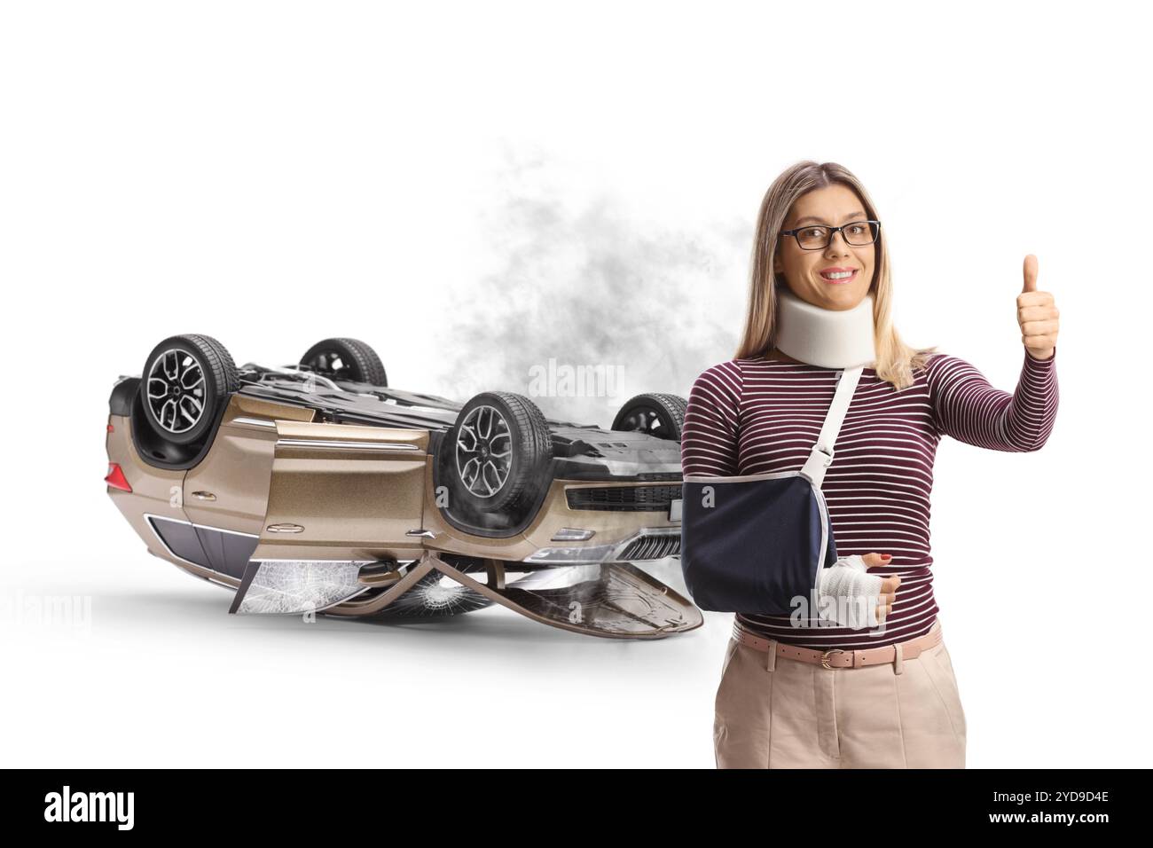 Car crash injury, woman with fracture gesturing thumbs up isolated on ...