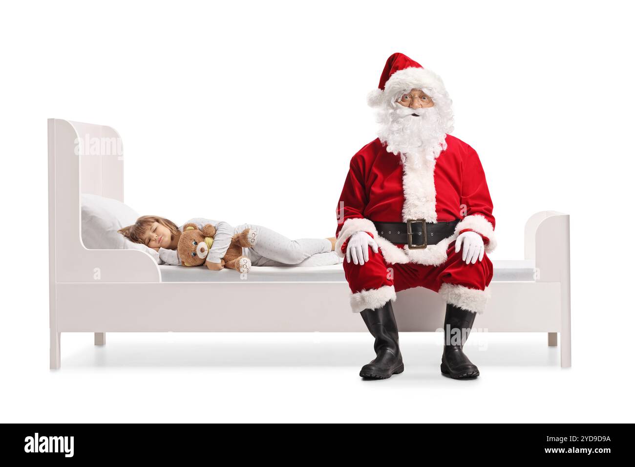 Girl sleeping Santa claus sitting on her bed isolated on white ...